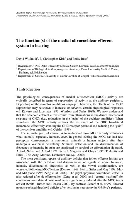 Pdf The Functions Of The Medial Olivocochlear Efferent System In