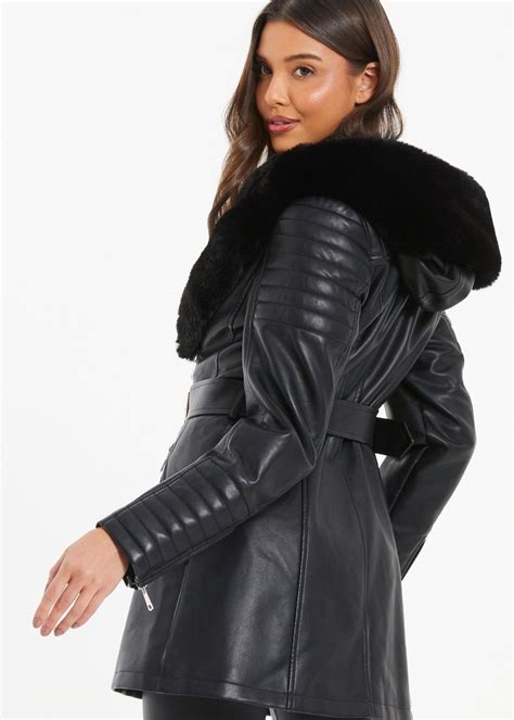 Quiz Black Faux Fur Trim Belted Jacket Matalan