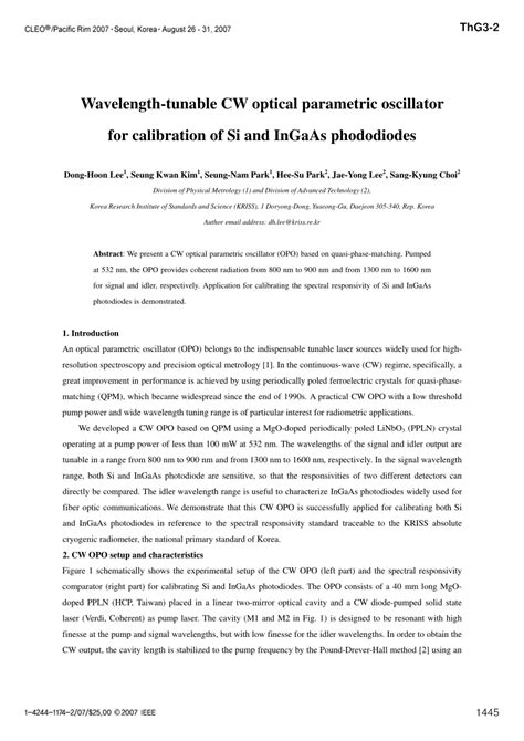 Pdf Wavelength Tunable Cw Optical Parametric Oscillator For Calibration Of Si And Ingaas
