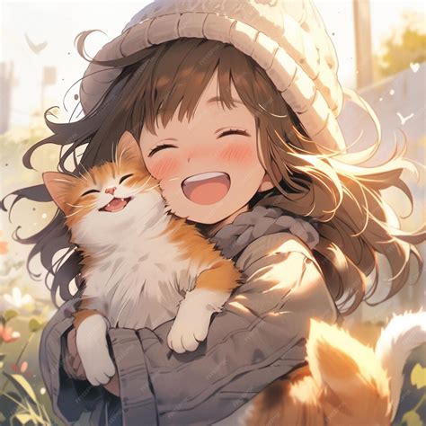 Anime Girl Holding A Cat In Her Arms In A Field Generative Ai Premium