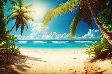 Paradis Une Plage Ensoleillée Bordée De Palmiers Avec Une Mer Limpide
