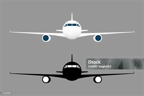 現代の白い飛行機と灰色の背景に分離された黒いシルエット正面図車両白い航空機民間航空 イラストレーションのベクターアート素材や画像を多数ご