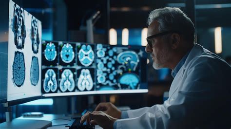 Male Doctor In White Coat Using Computer And Analyzing Brain Scans On