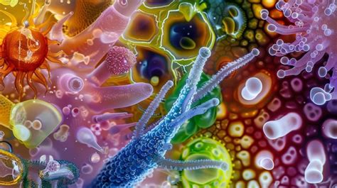 A Vibrant Surreal Depiction Of Microscopic Life Forms Showcasing An