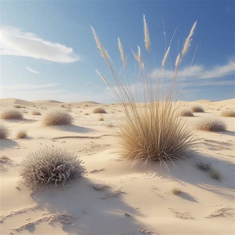 Desert Scene With Tall Dry Grass And Sand Dunes Tufts Stock