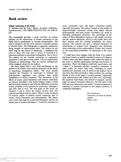 PDF Seismic Anisotropy In The Earth