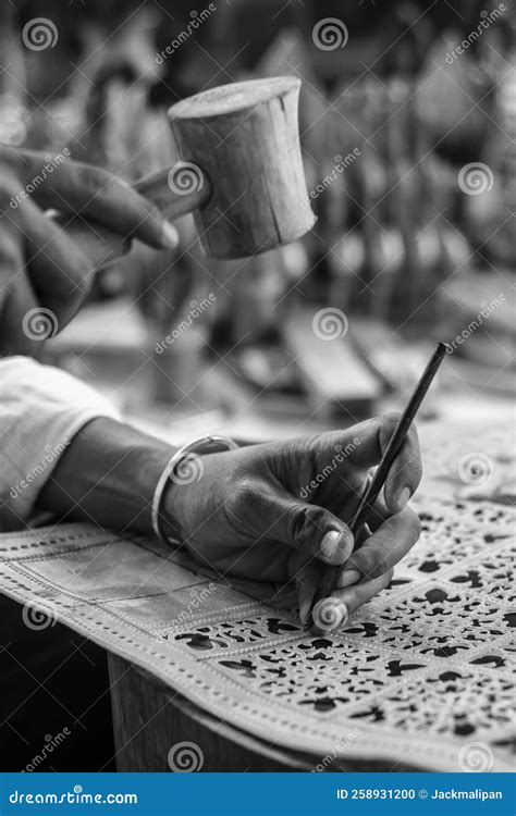 Craft Artist Making Traditional Buffalo Leather Carving Art In