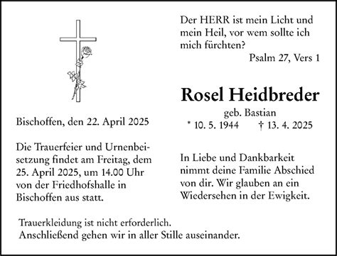 Traueranzeigen Von Rosel Heidbreder Vrm Trauer De