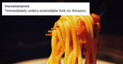 Woman Uses Extendable Fork To Snag Pasta From Friends Plate