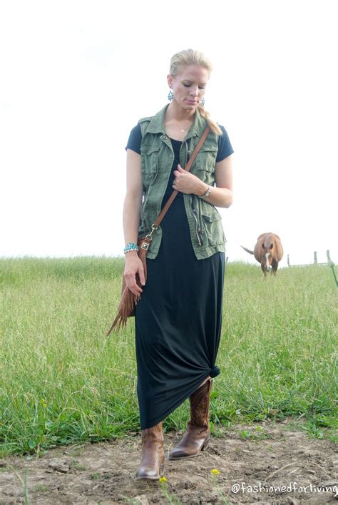 Fashioned For Living Maxi Dress And Cowboy Boots Outfit With Military