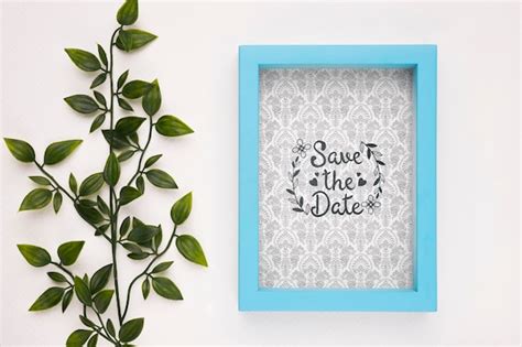 Premium Psd Save The Date Mock Up Blue Frame And Plant