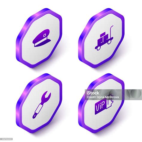 아이소메트릭 기차 운전사 모자 트롤리 여행 가방 렌치 스패너 티켓 아이콘을 설정합니다 보라색 육각형 버튼 벡터 3차원 형태에 대한 스톡 벡터 아트 및 기타 이미지 Istock