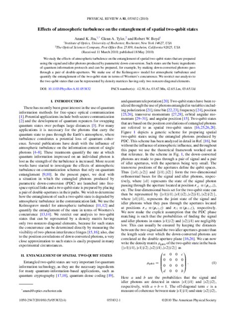 Pdf Effects Of Atmospheric Turbulence On The Entanglement Of Spatial Two Qubit States