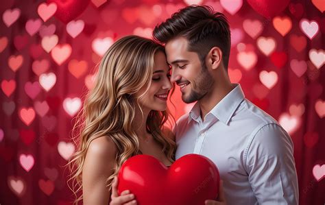 로맨틱 커플 하트 모양의 배경 부드러운 보케 조명 빨간색과 분홍색 색조 발렌타인 데이 테마 흰 셔츠를 입은 남자 물결 모양의