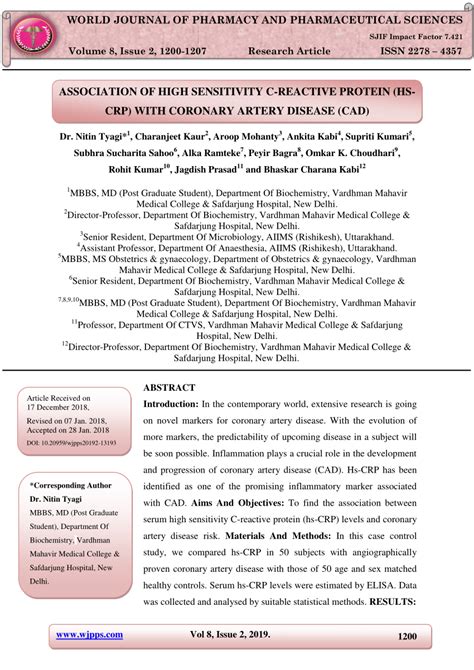 Pdf Association Of High Sensitivity C Reactive Protein Hs Crp With