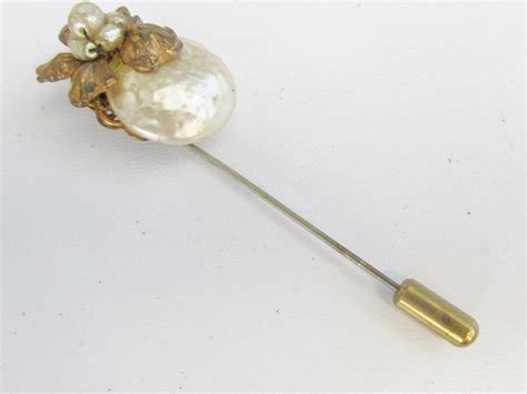 Miriam Haskell Stick Pin Signed Vintage Hat Pin Baroque Glass Pearl
