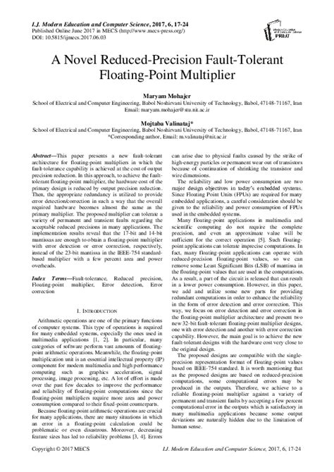 Pdf A Novel Reduced Precision Fault Tolerant Floating Point Multiplier