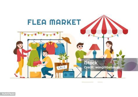 벼룩 시장 템플릿 손으로 그린 만화 플랫 일러스트 레이 션 쇼핑객 스왑 만남 주말에 판매자 및 고객과 함께 두 번째 손 가게 벼룩 시장에 대한 스톡 벡터 아트 및 기타