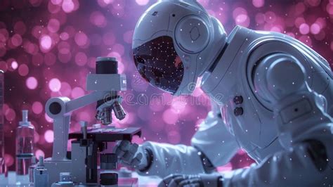 An Artificial Intelligence Robot Works With A Microscope In A