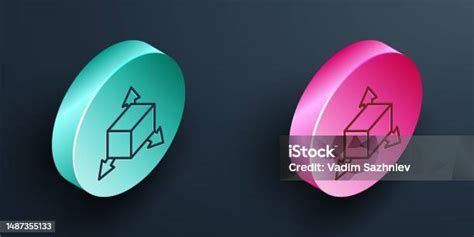 검은색 배경에 격리된 등색 선 등색 큐브 아이콘입니다 기하학적 큐브 솔리드 아이콘입니다 3d 정사각형 기호입니다 상자 기호입니다 청록색과 분홍색 원 버튼 벡터 0명에 대한