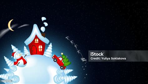 크리스마스 트리와 작은 빨간 집과 자동차와 크리스마스 카드 크리스마스 저녁 겨울에 대한 스톡 벡터 아트 및 기타 이미지 겨울