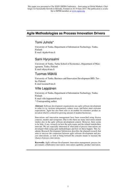 pdf agile methodologies as process innovation drivers
