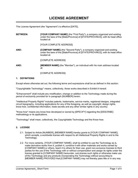 License Agreement Short Form Template Word And Pdf Free Trial
