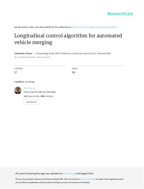 Pdf Longitudinal Control Algorithm For Automated Vehicle Merging