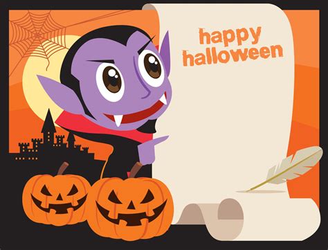Cartoon Cute Dracula Vampire Pointing To Big Signboard With Halloween