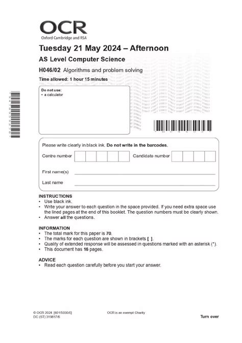 OCR AS Level Computer Science H Algorithms And Problem Solving Question Paper Mark