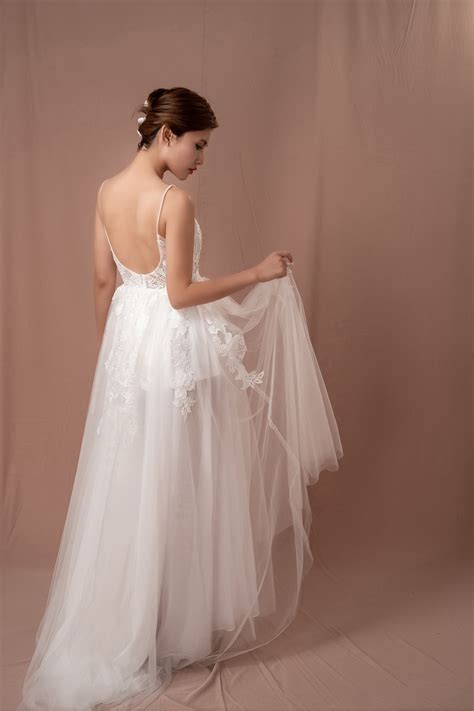 Beach Wedding Dress Spagetti Straps V Neck Low Back Split A Line Bridal