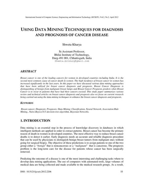 Using Data Mining Techniques For Diagnosis And Prognosis Of Cancer Disease Pdf Cancer