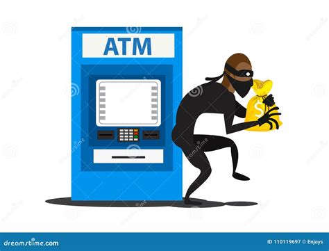 Flat Illustration Thief Steals Money From Atm In Black Suit Robber In