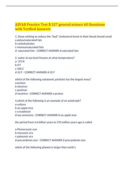 Asvab Practice Test B General Science Questions With Verified Answers Correct