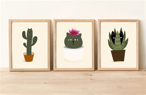 Set Of Three Cat Prints Cat Wall Art Print Cactus Cat Whimsical Cat
