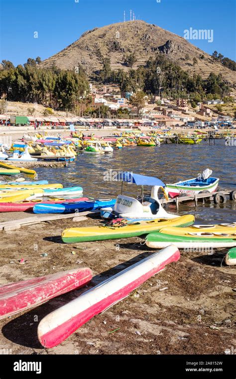 Colorful Small Boats On The Beach Shore In Copacabana Bolivia Stock