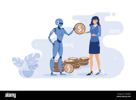 The Robot Gives A Gold Coin To The Girl The Robot Brings Profit To The