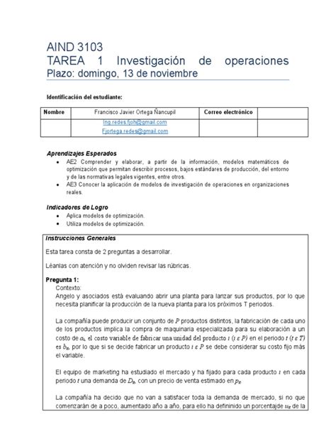 Aind3103 S3 Tarea 1 Advance Mod Francisco Pdf Programación Lineal Presupuesto