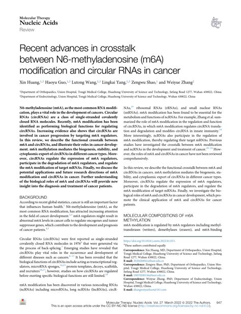 PDF Recent Advances In Crosstalk Between N6 Methyladenosine M6A