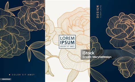 벡터 아르데코 럭셔리 플라워 라인 패턴 황금 배경 포장 소셜 미디어 게시물 표지 배너 창조적 인 게시물 및 벽 예술을위한 손으로 그린 모란 꽃 식물에 대한 스톡 벡터 아트