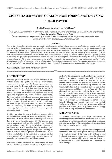 Zigbee Based Water Quality Monitoring System Using Solar Power Pdf