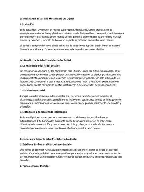 La Importancia De La Salud Mental En La Era Digital Pdf Salud