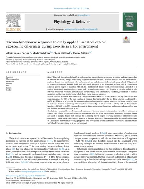 New Study Sex Differences To L Menthol During Exercise In A Hot