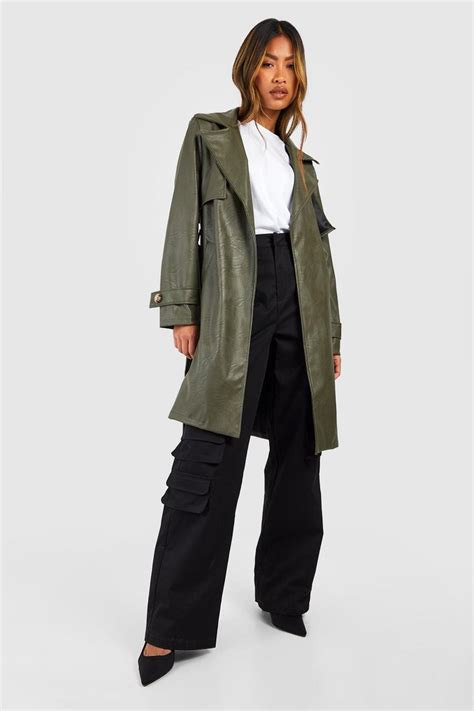 Belted Short Faux Leather Trench Coat Boohoo Usa