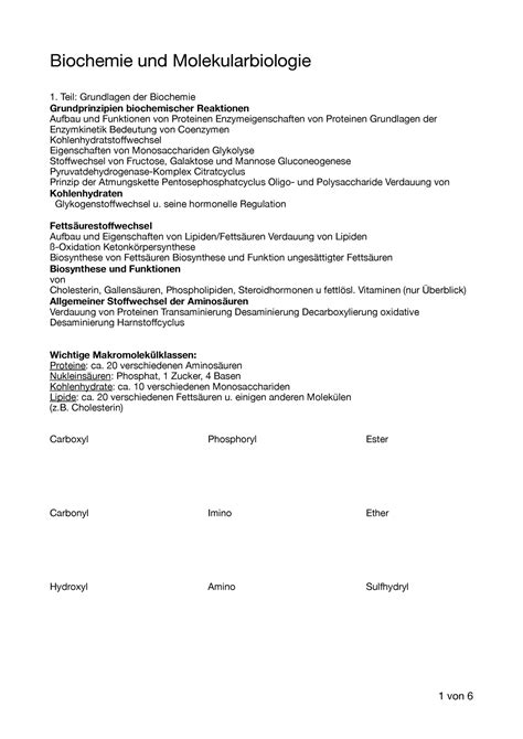 Biochemie Zusammenfassung Biochemie Und Molekularbiologie Teil