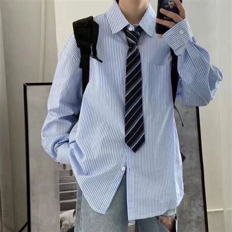 Wiaofellas Men S Fashion Trend Striped Printing Long Sleeved Shirts