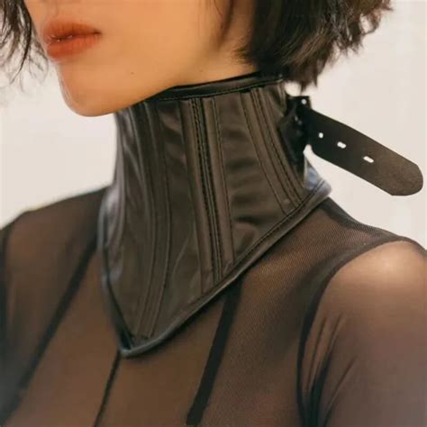 Black Pu Leather Neck Collar Corset Posture Slave Restraint Cosplay