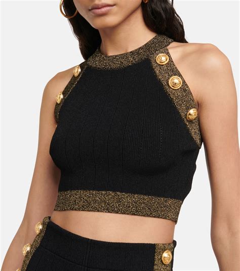 Metallic Knit Crop Top In Black Balmain Mytheresa