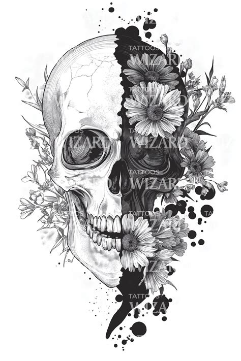 Floral Split Skull Tattoo Design Tattoos Wizard Designs
