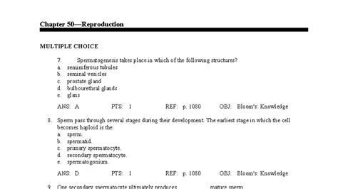 Chapter 7 Multiple Choice Questions On Spermatogenesis And Oogenesis